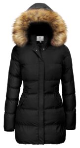 wenven women's winter thicken puffer coat with fur removable hood (black, 2xl)