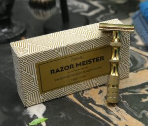 gold ~ double edge safety razor ~ 50 razor blades - razor meister prime safety razor shaving kit for men - safety razor leather case - german stainless steel 24k gold - mild