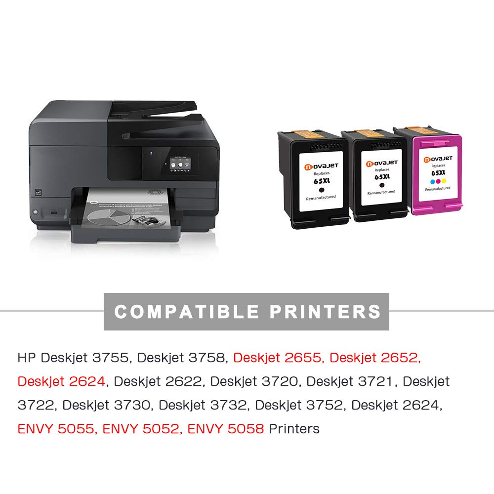 Novajet Remanufactured Ink Cartridge Replacement for HP 65 65XL (2 Black & 1 Tri-Color) Use in Deskjet 3720 3721 3722 3723 3730 3732 3752 3755 Printer