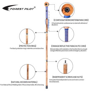 FOREST PILOT 3 Pieces Detachable Hardwood Walking Stick with a Compass and a Thermometer (Nature Color, 48 Inches, 1 Piece)…