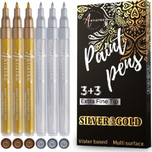 Metallic Acrylic Paint Pens for Rock Painting, Stone, Ceramic, Glass, Wood, Fabric, Canvas, Metal, Scrapbooking (6 Pack) Set of 3 Gold & 3 Silver Acrylic Paint Markers Water-Based Extra-Fine Tip 0.7mm