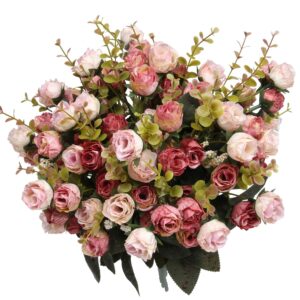 flojery 21 heads silk rose bouquet artificial flowers mini rose for diy wedding bouquets centerpieces bridal shower party home decorations,pack of 4 （pink）