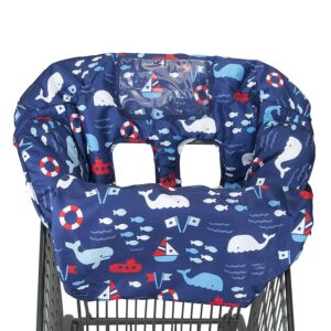 2-in-1 shopping cart and high chair cover for baby~padded~fold'n roll style~portable with free carry bag (blue whale)