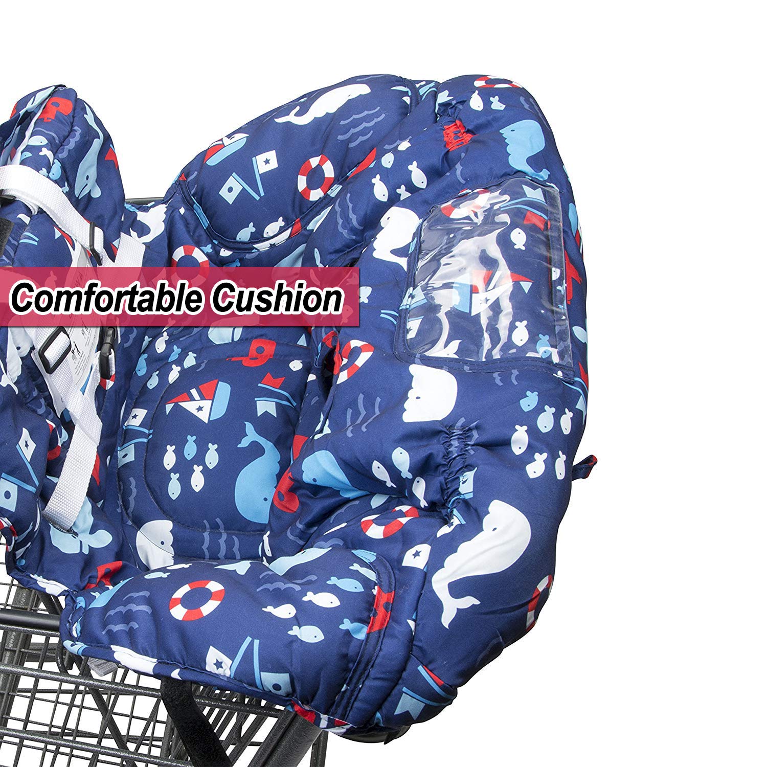 2-in-1 Shopping Cart and High Chair Cover for Baby~Padded~Fold'n Roll Style~Portable with Free Carry Bag (Blue Whale)