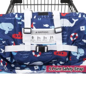 2-in-1 Shopping Cart and High Chair Cover for Baby~Padded~Fold'n Roll Style~Portable with Free Carry Bag (Blue Whale)