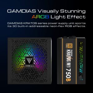 GAMDIAS RGB Gaming PC Power Supply 750W 80 Plus Bronze Certified 750 Watt PSU for Computers with Active PFC, Kratos M1-750B