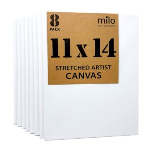 milo stretched artist canvas | 11x14 inch | value pack of 8 canvases for painting, primed & ready to paint art supplies for acrylic, oil, mixed wet media, & pouring, 100% cotton with pine wood frame