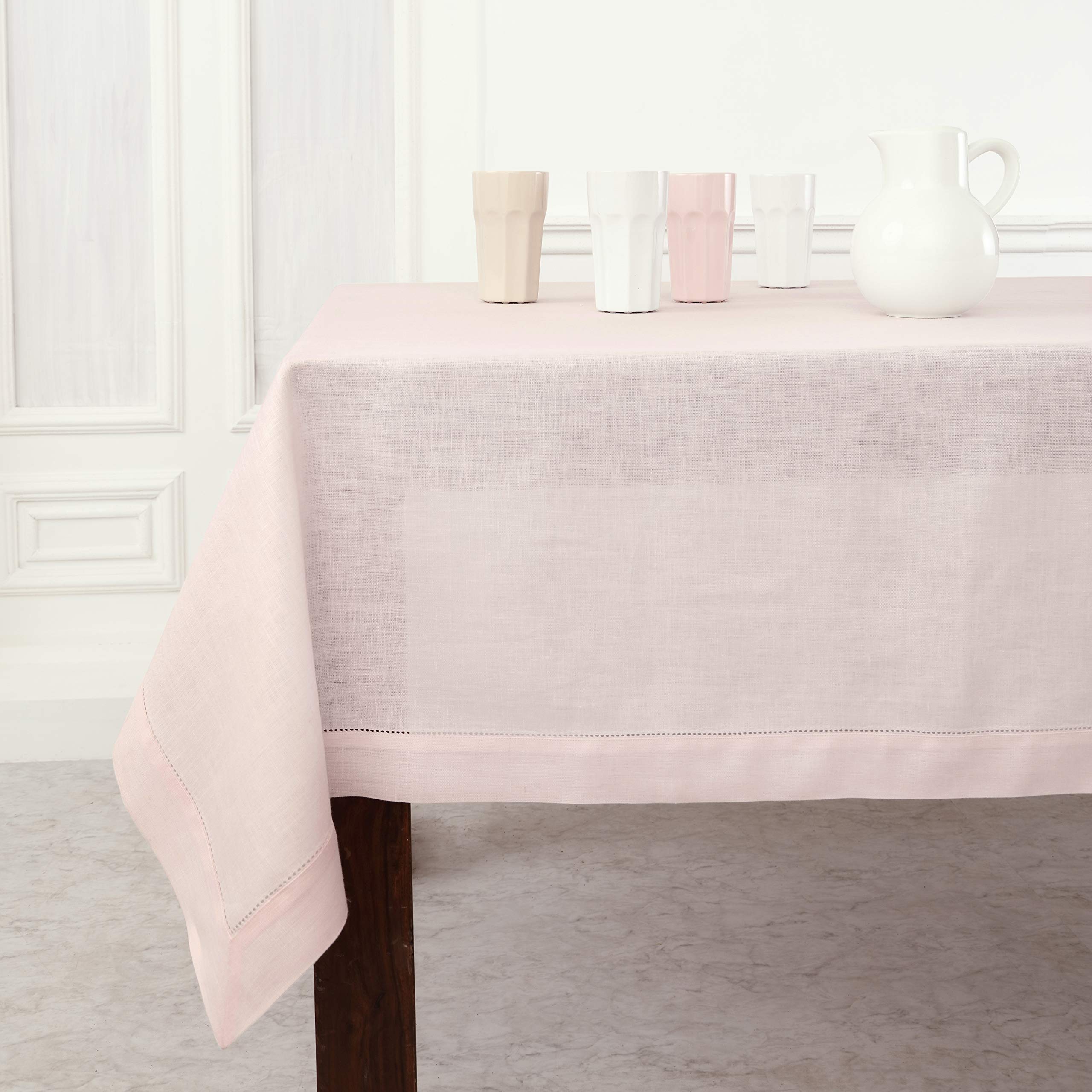 Solino Home Pink Linen Tablecloth 60 x 120 Inch – 100% Pure Linen Classic Hemstitch Tablecloth – Machine Washable Dining Tablecloth for Summer