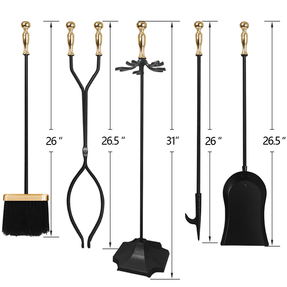 AMAGABELI GARDEN & HOME Fireplace Tools Set 5 Pc Lrg Gold Handle Wrought Iron Fire Set with Stand Holder Fireset Fire Pit Indoor Outdoor Tongs Shovel Antique Brush Poker Wood Stove Hearth Accessories