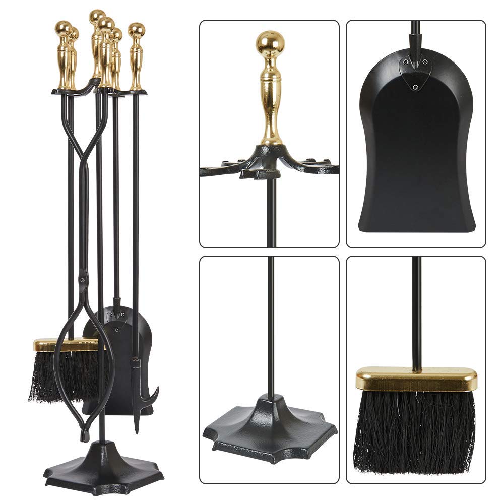 AMAGABELI GARDEN & HOME Fireplace Tools Set 5 Pc Lrg Gold Handle Wrought Iron Fire Set with Stand Holder Fireset Fire Pit Indoor Outdoor Tongs Shovel Antique Brush Poker Wood Stove Hearth Accessories