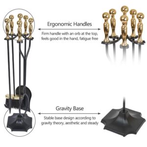 AMAGABELI GARDEN & HOME Fireplace Tools Set 5 Pc Lrg Gold Handle Wrought Iron Fire Set with Stand Holder Fireset Fire Pit Indoor Outdoor Tongs Shovel Antique Brush Poker Wood Stove Hearth Accessories