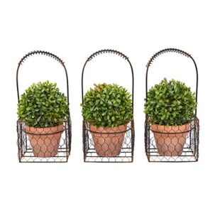 Pure Garden Faux Boxwood 3 Matching Realistic 9.5" Tall Topiary Arrangements in Decorative Metal Baskets for Indoor Home or Office (Set of 3)