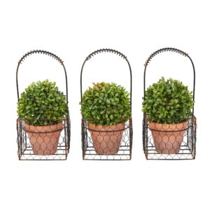 Pure Garden Faux Boxwood 3 Matching Realistic 9.5" Tall Topiary Arrangements in Decorative Metal Baskets for Indoor Home or Office (Set of 3)