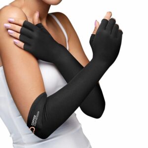 copper compression long arthritis pain relief gloves - copper infused orthopedic fingerless hand brace for women, men - carpal tunnel, computer typing, rsi, support hands, wrist, arms