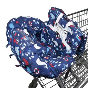 shopping cart cover for baby- 2-in-1 - foldable portable seat with bag for infant to toddler - compatible with grocery cart seat and high chair (blue whale)