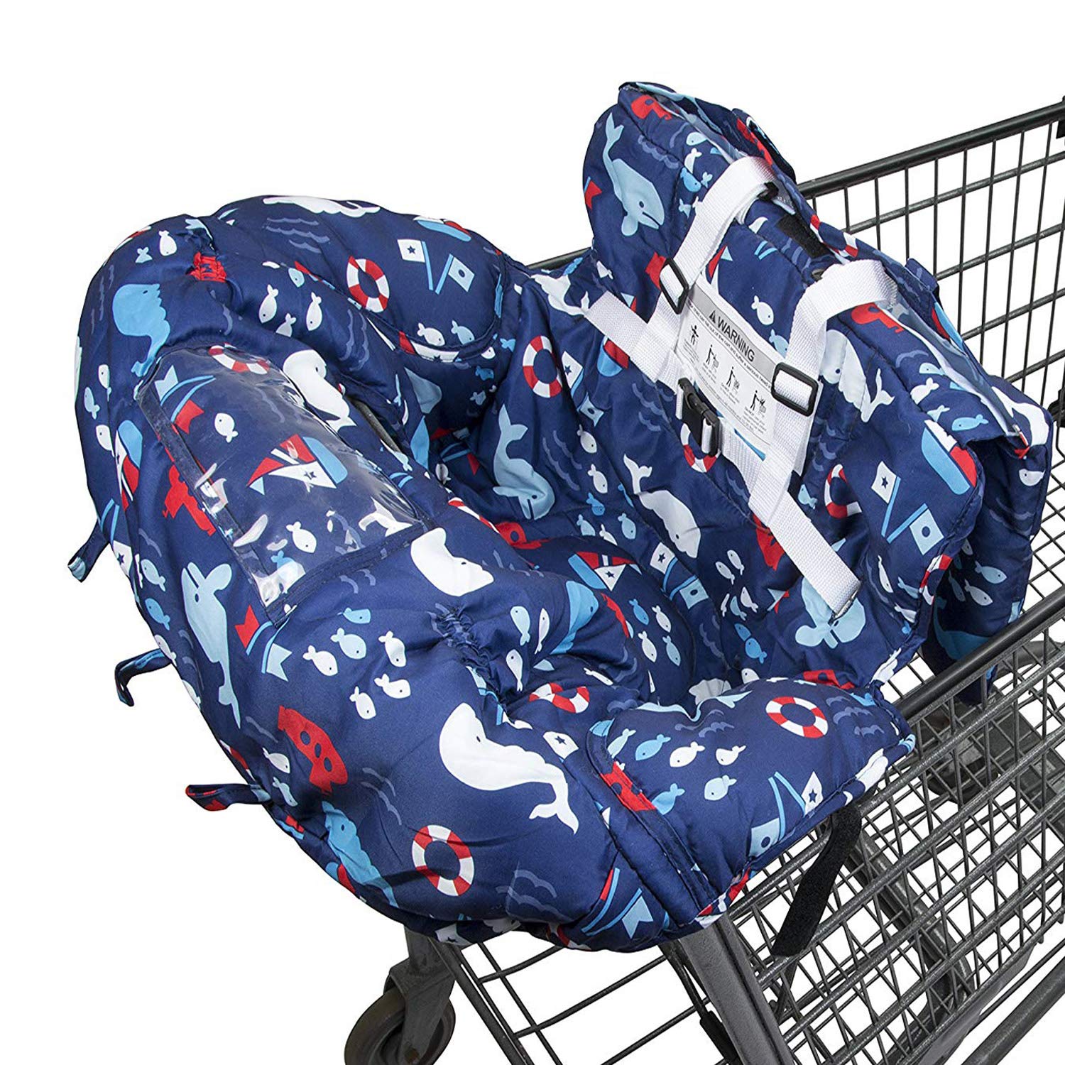 Shopping Cart Cover for Baby- 2-in-1 - Foldable Portable Seat with Bag for Infant to Toddler - Compatible with Grocery Cart Seat and High Chair (Blue Whale)