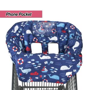 Shopping Cart Cover for Baby- 2-in-1 - Foldable Portable Seat with Bag for Infant to Toddler - Compatible with Grocery Cart Seat and High Chair (Blue Whale)