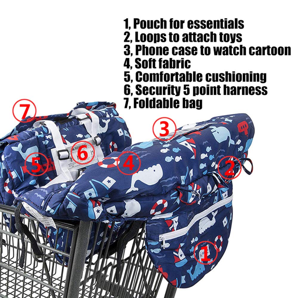 Shopping Cart Cover for Baby- 2-in-1 - Foldable Portable Seat with Bag for Infant to Toddler - Compatible with Grocery Cart Seat and High Chair (Blue Whale)