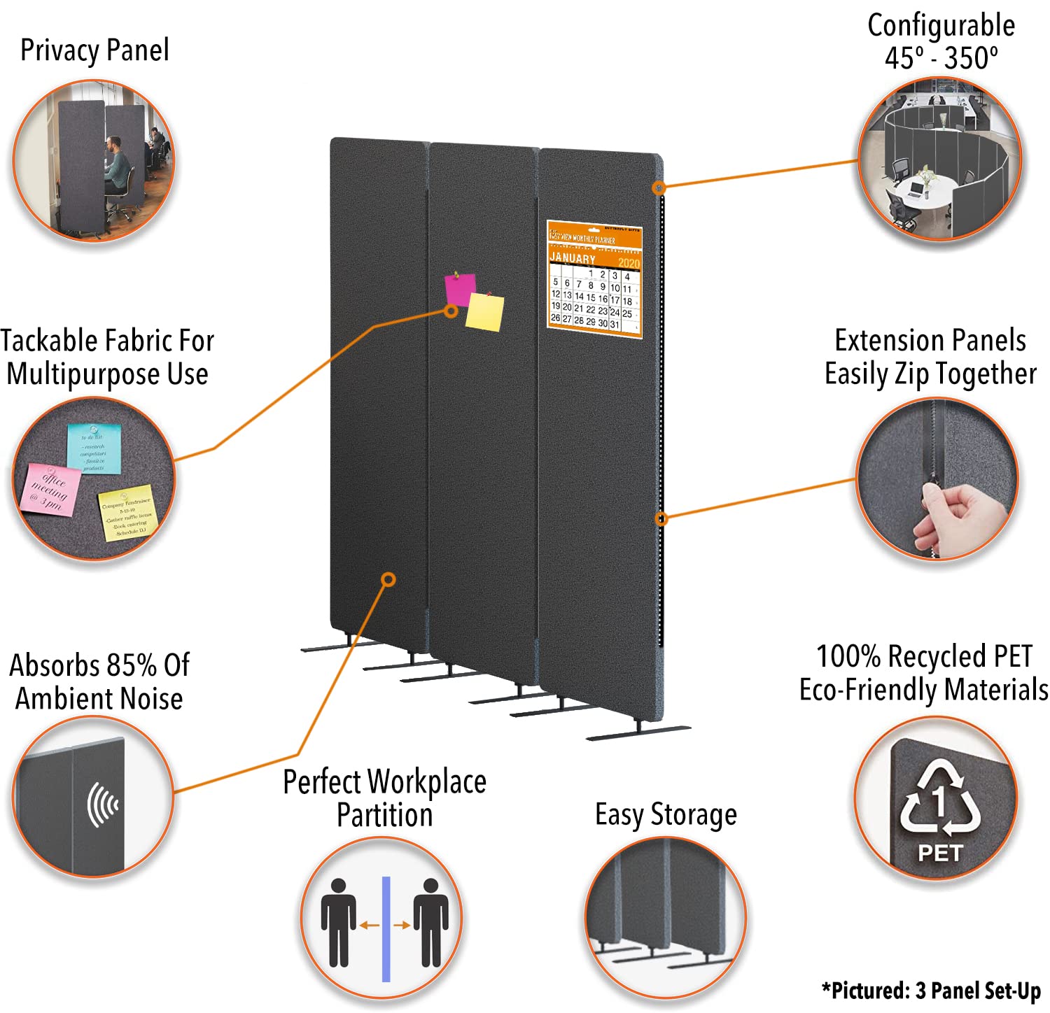 Stand Steady ZipPanels Office Partition | Room Dividers | Three Zip Together Panels Provide Privacy and Reduce Ambient Noise in Workspace, Classroom and Healthcare (Dark Gray)