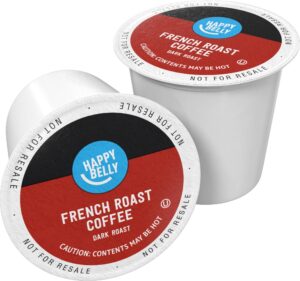 amazon brand - happy belly dark roast coffee pods, french roast, compatible with keurig 2.0 k-cup brewers, 100 count