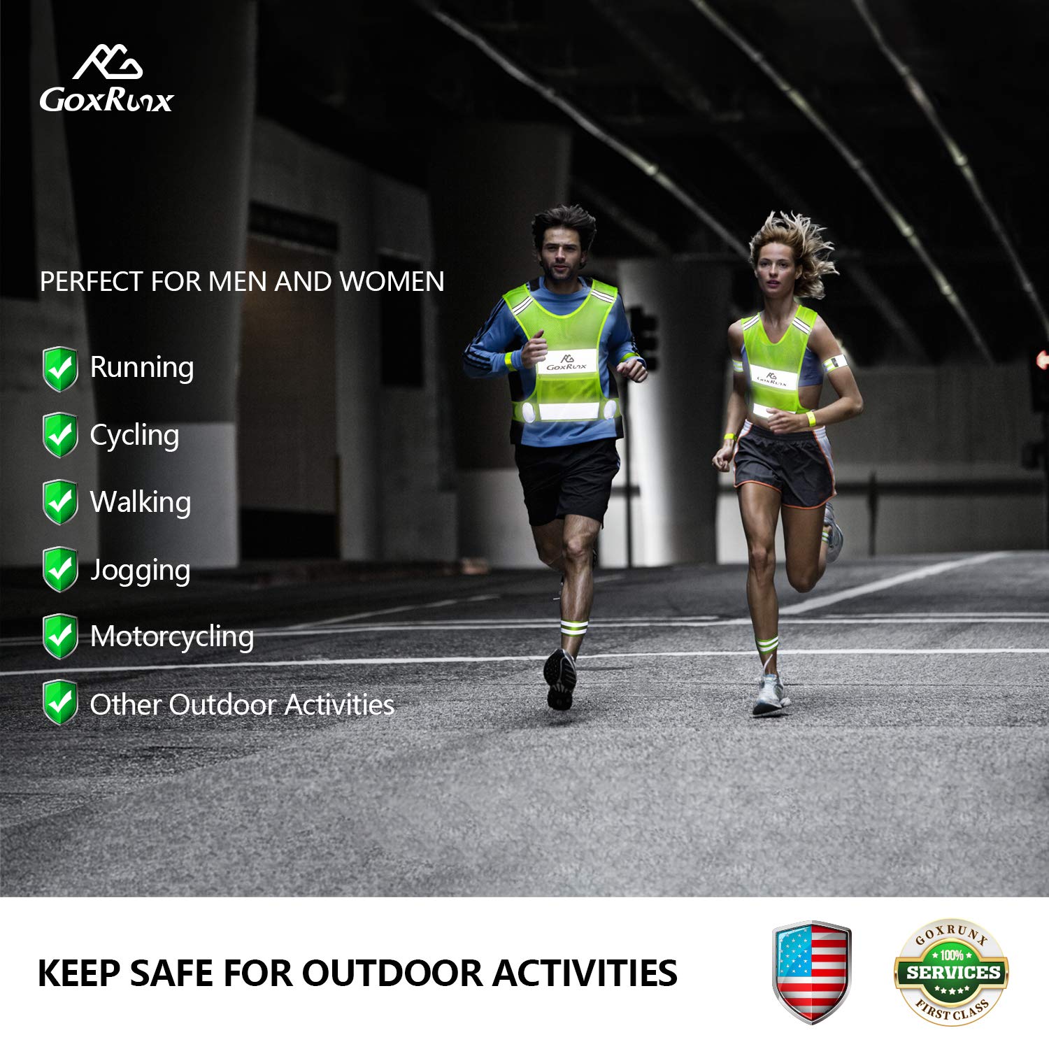 GoxRunx 2 Pack Reflective Vest Running Gear, Ultralight & Comfy Cycling Reflective Vests with Large Pocket & Adjustable Waist for Women Men, Night Runner Safety Vest + Hi Vis Armbands & Bag (Large)