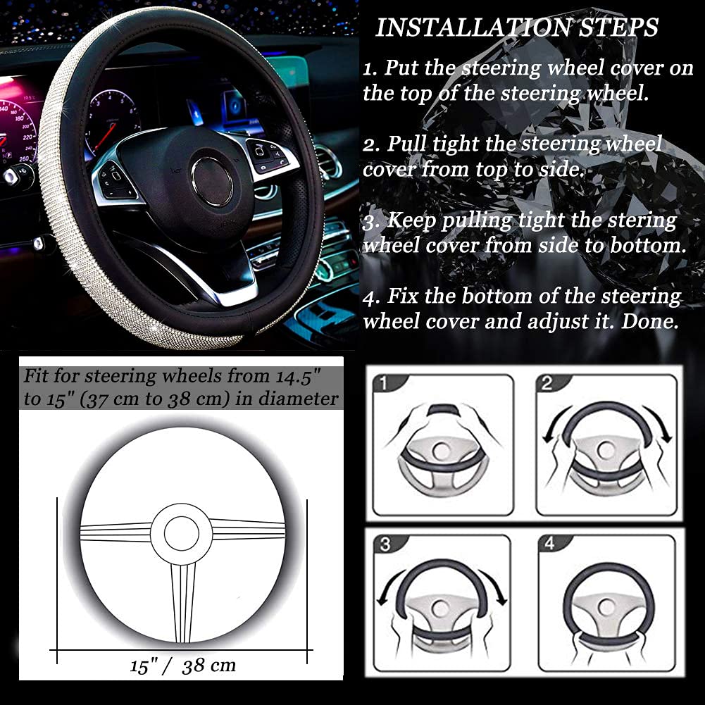 New Diamond Leather Steering Wheel Cover with Bling Bling Crystal Rhinestones, Universal Fit 15 Inch Car Wheel Protector for Women Girls Black