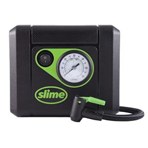 slime 40060 tire inflator, compact, portable car air compressor, analog, quick connect air hose, flat tire puncture repair, 12v, 10 min inflation black