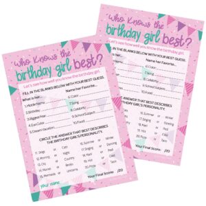 distinctivs who knows the birthday girl best party game - 10 game cards - girly pink and purple tween birthday party supplies