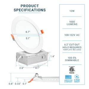 PARMIDA (6 Pack) 6 Inch Ultra-Thin LED Recessed Ceiling Light with Junction Box, 12W, Dimmable Canless Wafer Slim Panel Downlight, IC Rated, ETL-Listed - 5000K