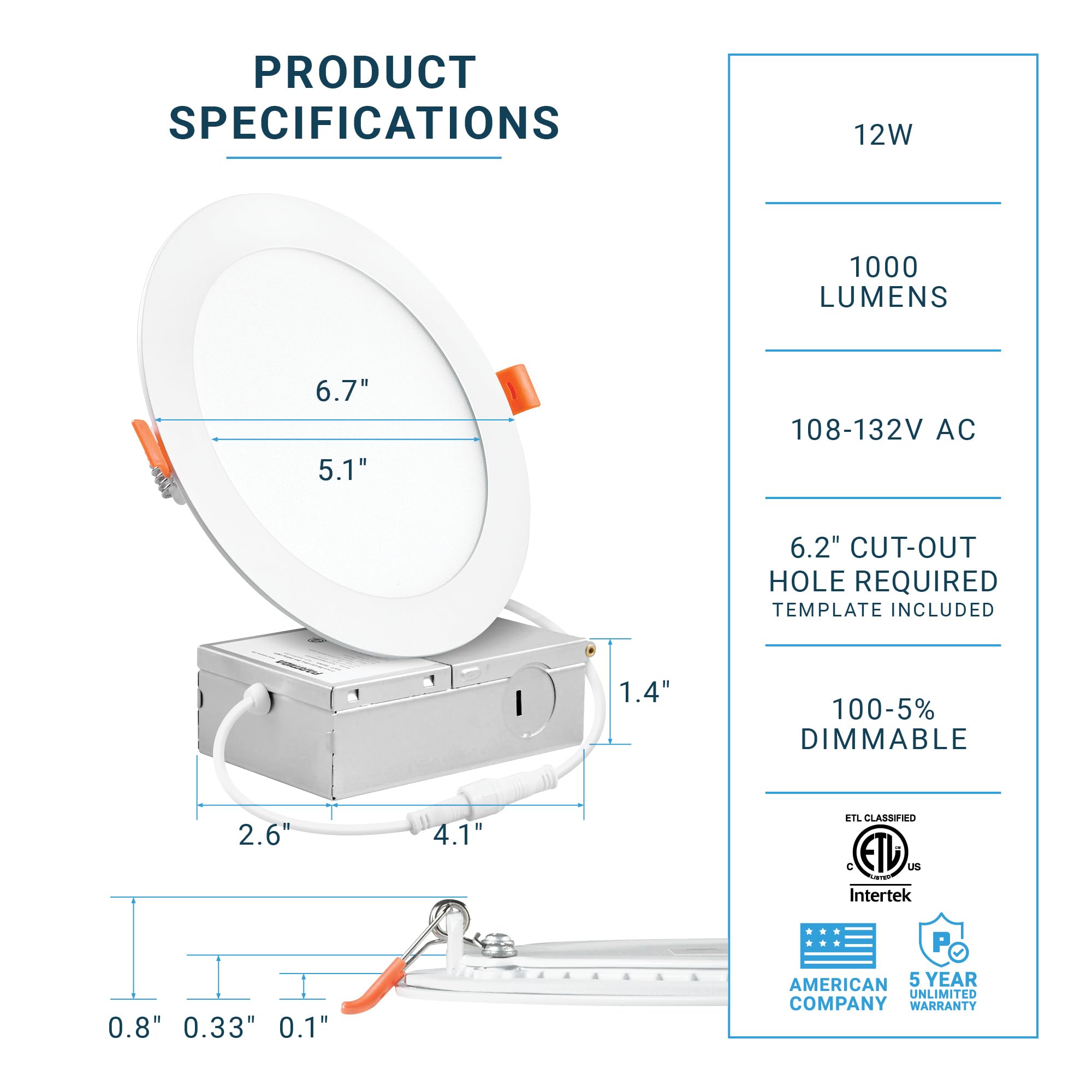 PARMIDA (6 Pack) 6 Inch Ultra-Thin LED Recessed Ceiling Light with Junction Box, 12W, Dimmable Canless Wafer Slim Panel Downlight, IC Rated, ETL-Listed - 5000K