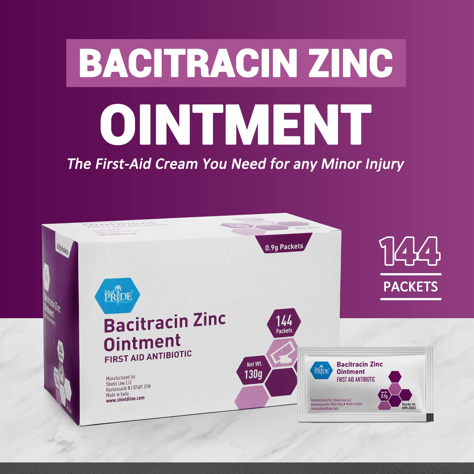 MED PRIDE Bacitracin Antibiotic Ointment with Zinc [144 Packets x 0.9g]- First Aid Antibiotic Cream with Pain Relief- Travel-Size Individual Antibiotic Ointment Packets for Burns, Cuts, Wound Care