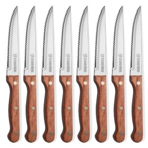 steak knives wood handle - steak knives set of 8 built 5cr15mov stainless steel hrc57-58 hardness razor sharp full tang (not dishwasher safe)