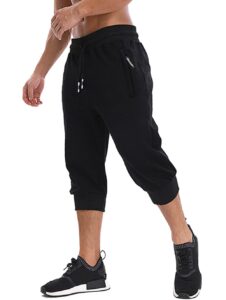 magnivit men's workout 3/4 joggers bodybuilding gym shorts capri pants black