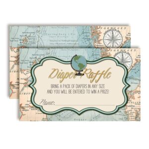 adventure awaits world traveler gender neutral diaper raffle tickets for baby showers, 20 2" x 3” double sided inserts, bring a pack of diapers to win favors & prizes!