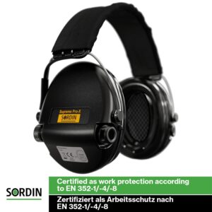 Sordin Supreme Pro-X Ear Defenders for Hunting & Shooting - Active & Electronic - Textile Band & Gel Kits - Black Ear Muffs