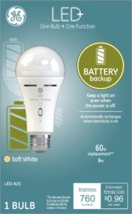 ge lighting led+ backup battery light bulb, rechargeable, soft white, medium base (1 pack)