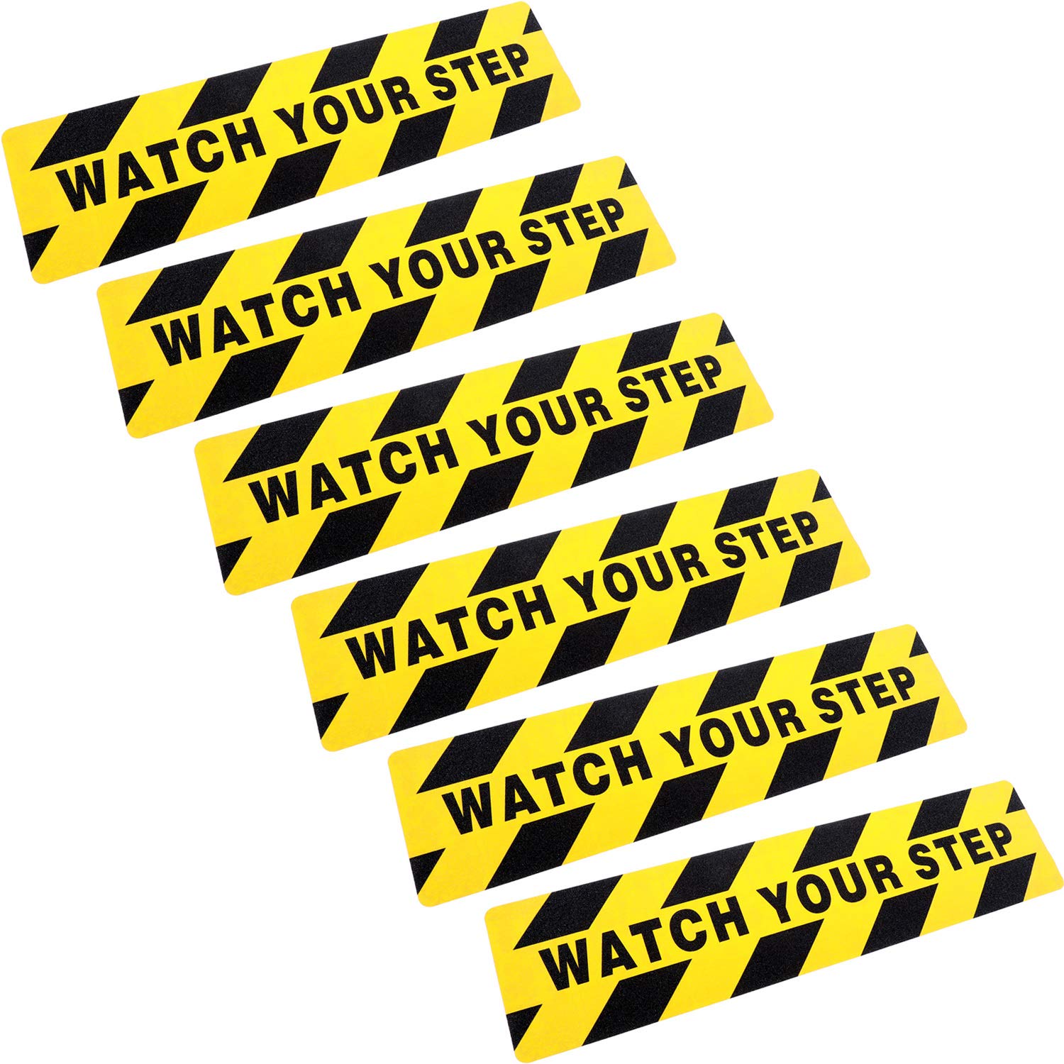 Watch Your Step Floor Decals Stickers 6 x 24 Inch Warning Sticker Adhesive Tape Anti Slip Abrasive Tape for Workplace Safety Wet Floor Caution (6 Pieces)