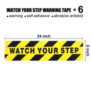 Watch Your Step Floor Decals Stickers 6 x 24 Inch Warning Sticker Adhesive Tape Anti Slip Abrasive Tape for Workplace Safety Wet Floor Caution (6 Pieces)