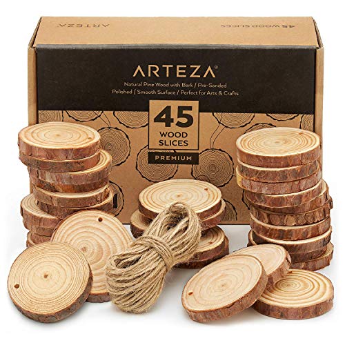 ARTEZA Natural Wood Slices, 2.4-2.8 Inch Diameter, Set of 45, Brown Round Pine Wood Discs with Bark for Crafts, Christmas Ornaments, Centerpieces