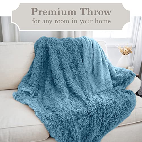 The Connecticut Home Company Throw Blanket, Soft Plush Reversible Shag and Sherpa, Warm Thick Throws for Bed, Comfy Washable Bedding Accent Blankets for Sofa Couch Chair, 65x50, Slate Blue