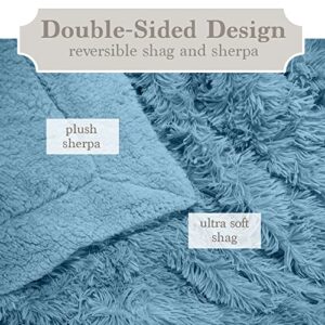 The Connecticut Home Company Throw Blanket, Soft Plush Reversible Shag and Sherpa, Warm Thick Throws for Bed, Comfy Washable Bedding Accent Blankets for Sofa Couch Chair, 65x50, Slate Blue