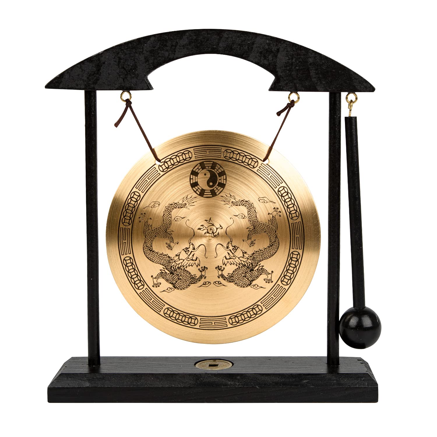 Mose Cafolo Zen Art Brass Feng Shui Desktop Table Gong, Dragon with Taiji Symbols, Makes Clear Sound, Collectible Figurines