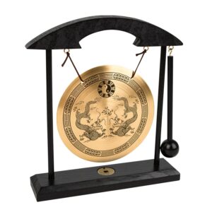 Mose Cafolo Zen Art Brass Feng Shui Desktop Table Gong, Dragon with Taiji Symbols, Makes Clear Sound, Collectible Figurines