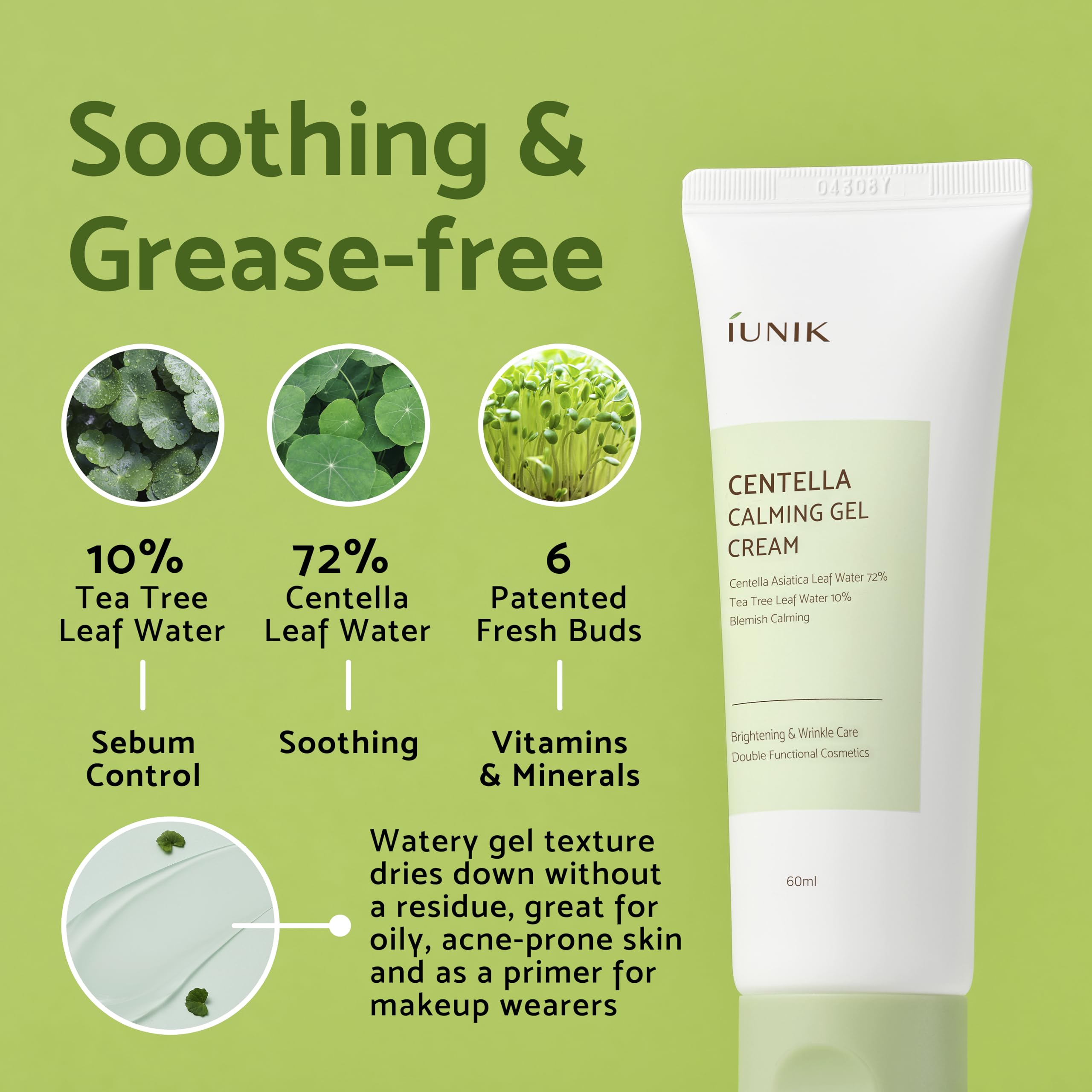 IUNIK Centella 70% Calming Gel Cream Vegan Non-Sticky Moisturizing Blemish Care w/Centella Asiatica Tea Tree 10% Soothes Acne Rosacea Oily & Sensitive Skin Korean Skincare