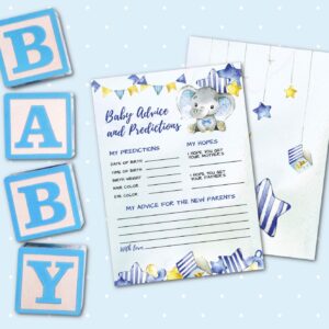 50 Deluxe Blue Elephant Advice and Prediction Cards- Large Double Sided 5 x 7 Inch for Baby Boy Shower Game, New Parent Message Book, Mom & Dad to Be, Decorations Activities Supplies Invitations