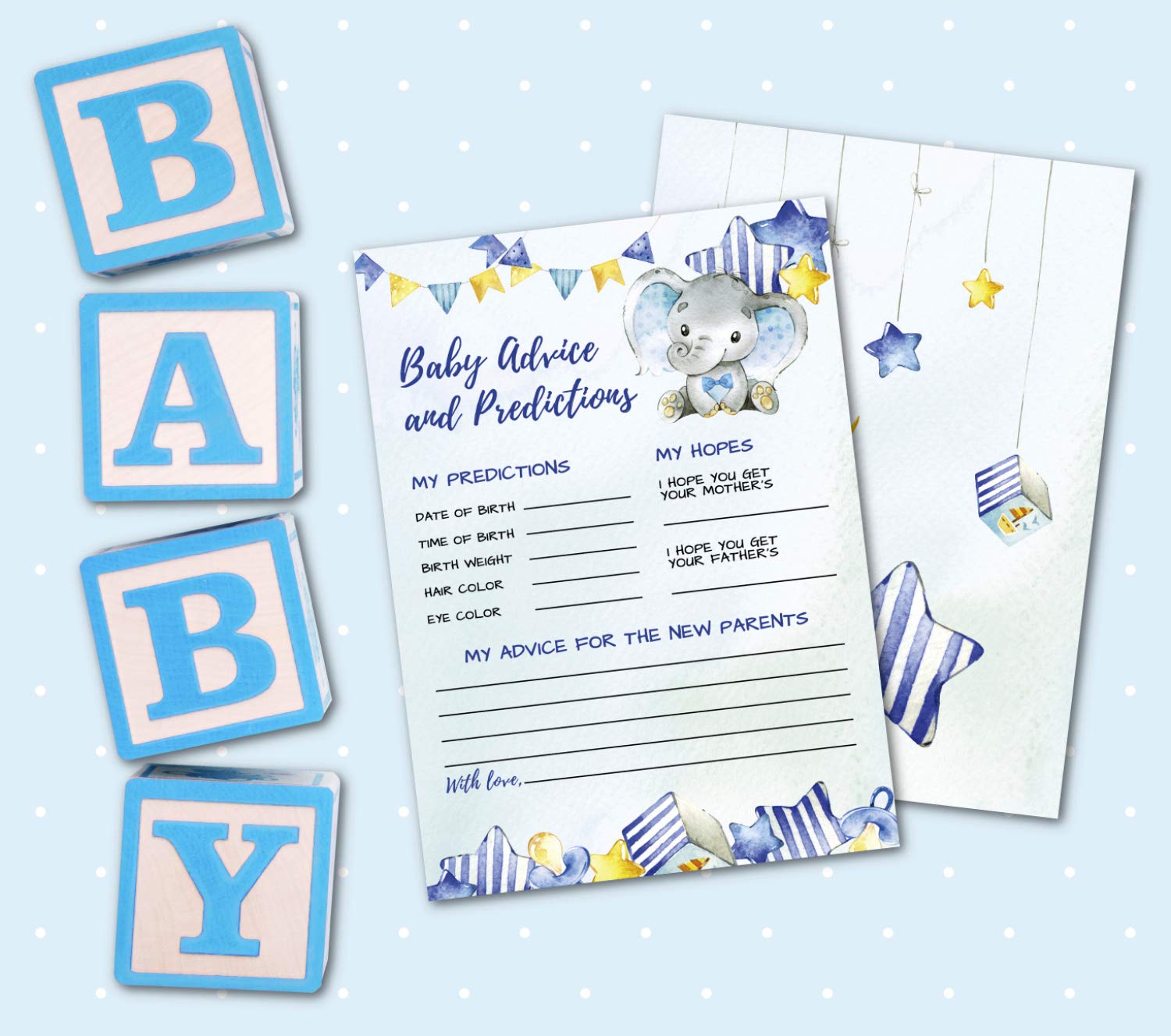 50 Deluxe Blue Elephant Advice and Prediction Cards- Large Double Sided 5 x 7 Inch for Baby Boy Shower Game, New Parent Message Book, Mom & Dad to Be, Decorations Activities Supplies Invitations