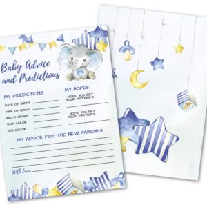 50 Deluxe Blue Elephant Advice and Prediction Cards- Large Double Sided 5 x 7 Inch for Baby Boy Shower Game, New Parent Message Book, Mom & Dad to Be, Decorations Activities Supplies Invitations