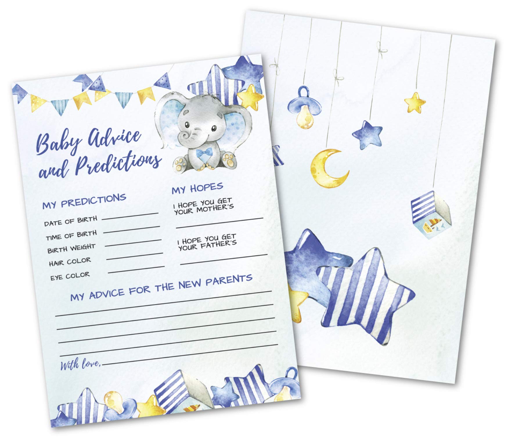 50 Deluxe Blue Elephant Advice and Prediction Cards- Large Double Sided 5 x 7 Inch for Baby Boy Shower Game, New Parent Message Book, Mom & Dad to Be, Decorations Activities Supplies Invitations