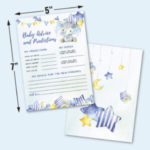 50 Deluxe Blue Elephant Advice and Prediction Cards- Large Double Sided 5 x 7 Inch for Baby Boy Shower Game, New Parent Message Book, Mom & Dad to Be, Decorations Activities Supplies Invitations