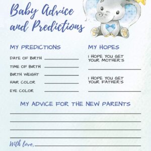 50 Deluxe Blue Elephant Advice and Prediction Cards- Large Double Sided 5 x 7 Inch for Baby Boy Shower Game, New Parent Message Book, Mom & Dad to Be, Decorations Activities Supplies Invitations